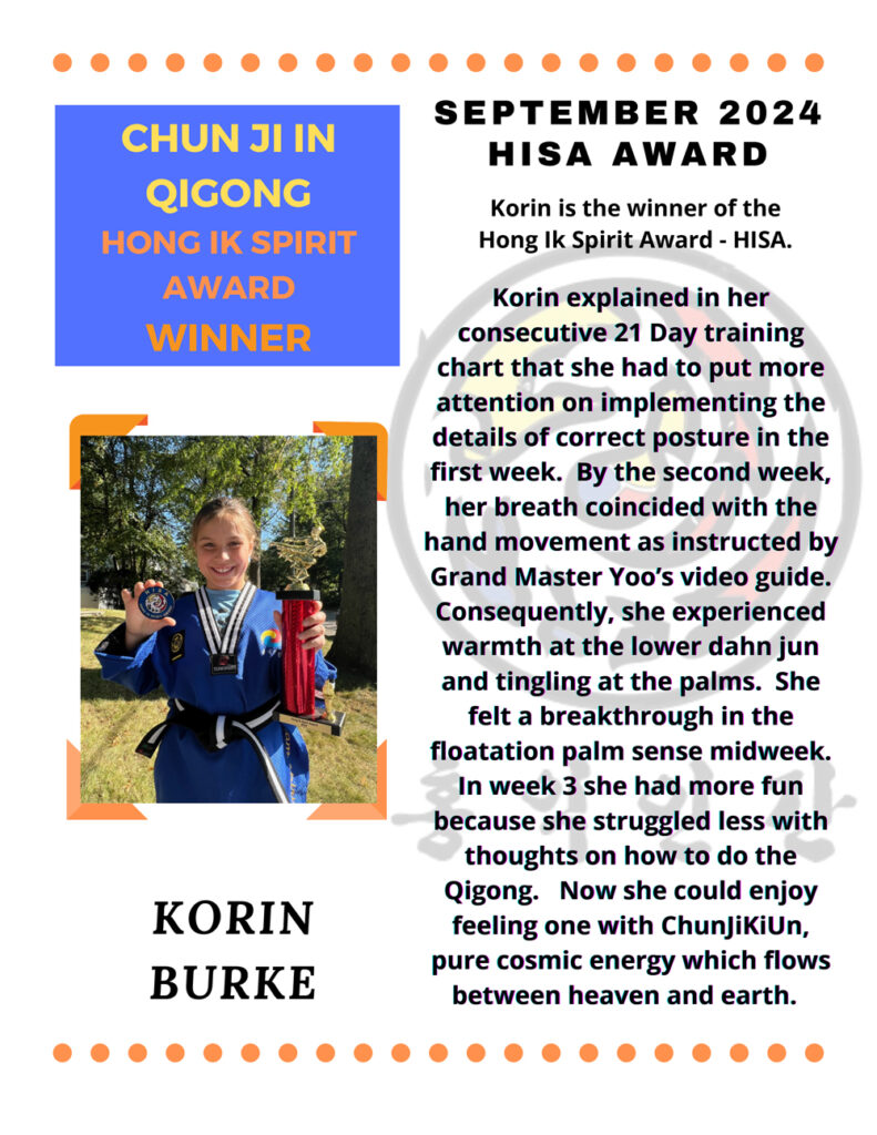 Hong Ik Martial Arts Spirit Award: Sep 2024 Winner of New Rochelle Location - Hong Ik Martial Arts
