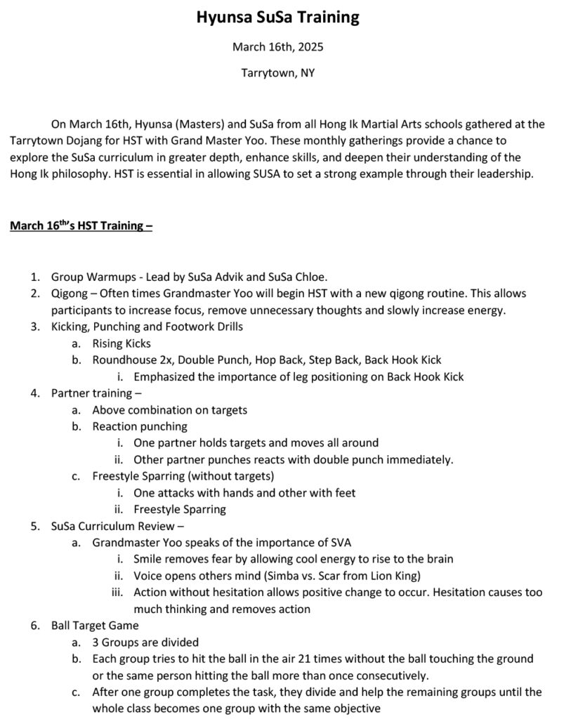 Hong Ik Martial Arts of Tarrytown: HST (Hyunsa and Susa Training) March ...